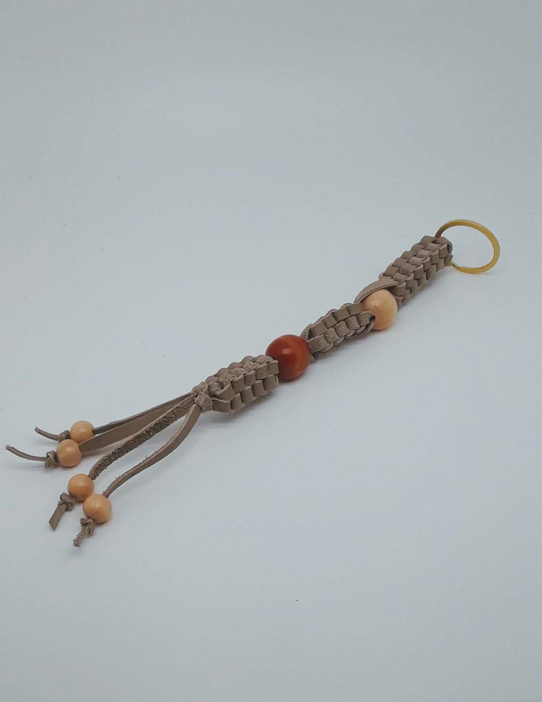Braided Leather Keychain With Wooden Beads and Tassel - Etsy