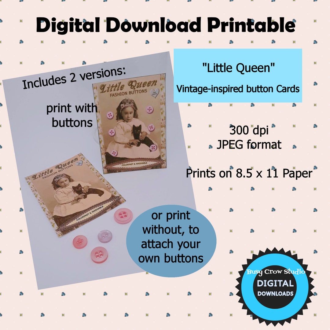 Digital Download Printable Button Cards Little Queen With Black Cat ...