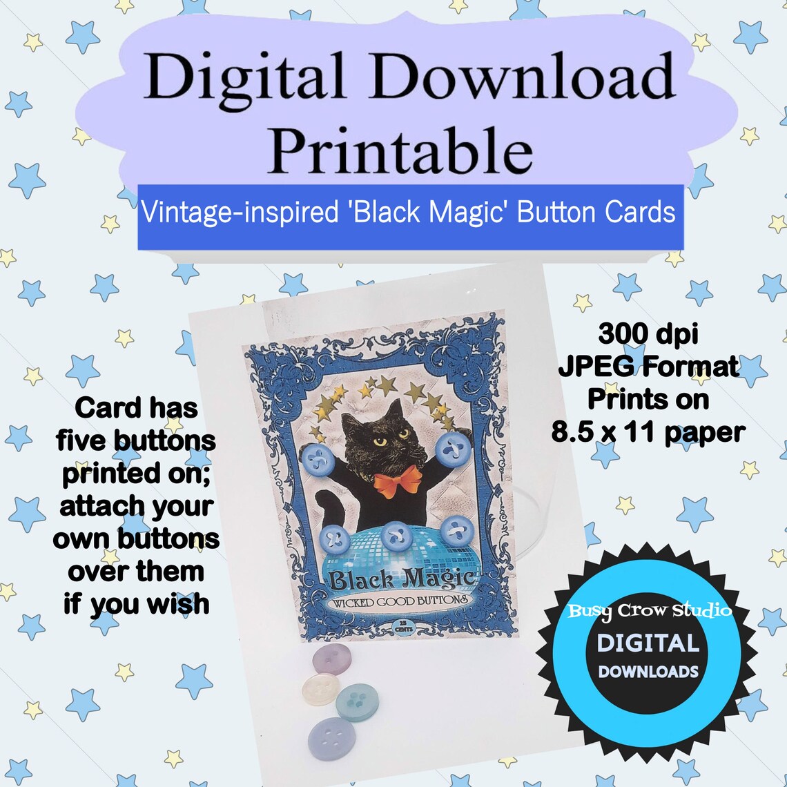 Digital Download Printable Button Cards Black Magic Buttons | Etsy