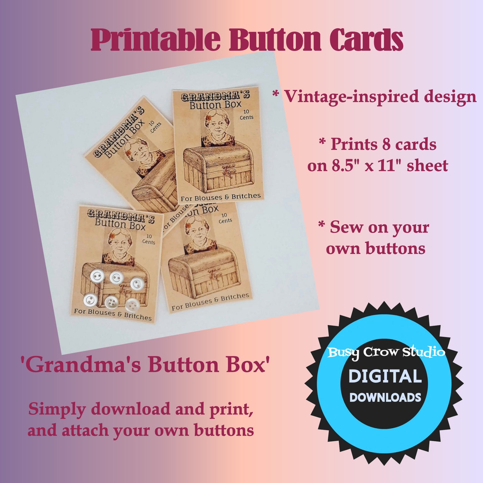 Digital Download Printable Button Cards (Instant Download) - Etsy