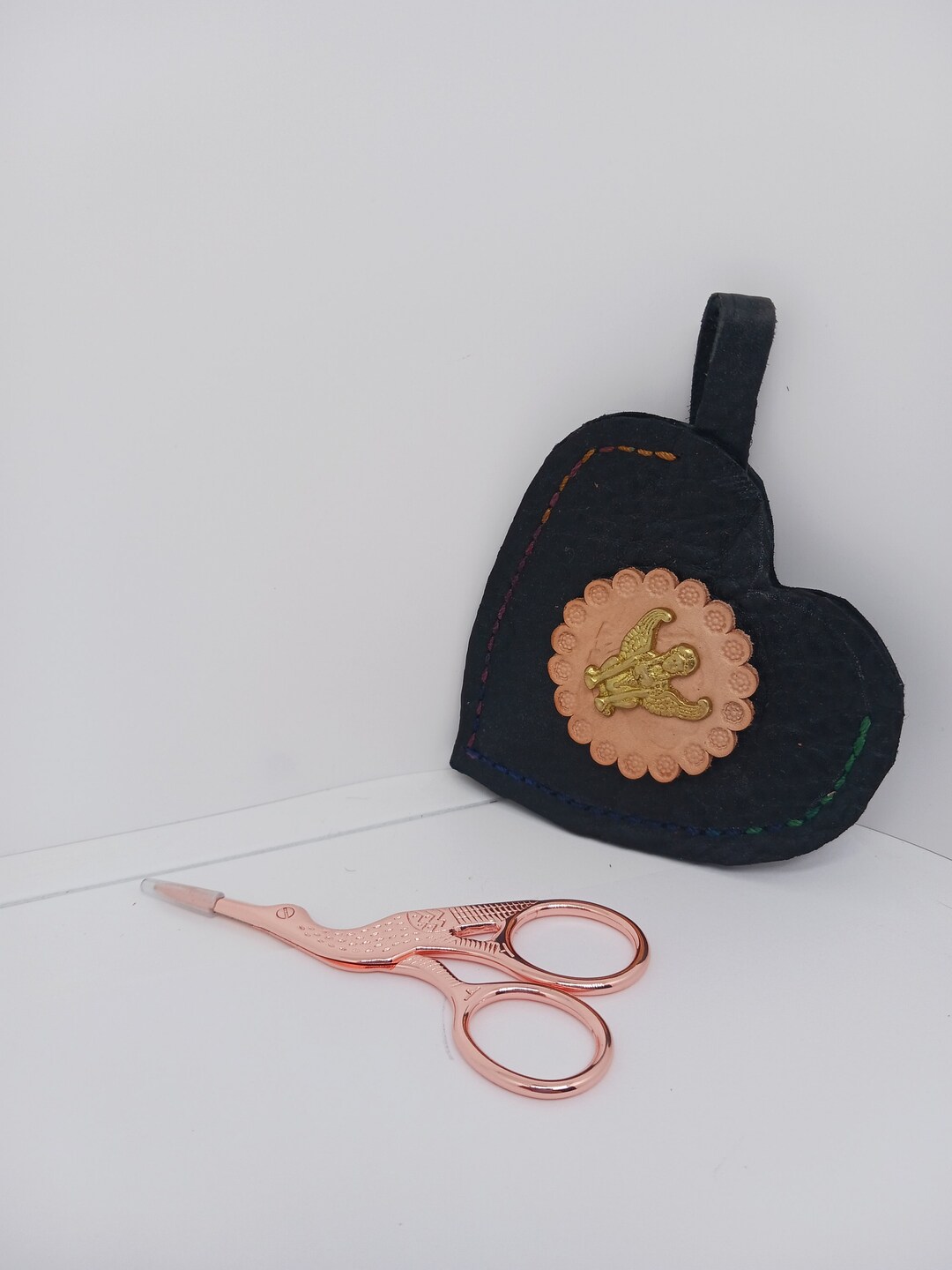 Embroidery Scissors Rose Gold Stork With Handmade Black Heart Leather ...