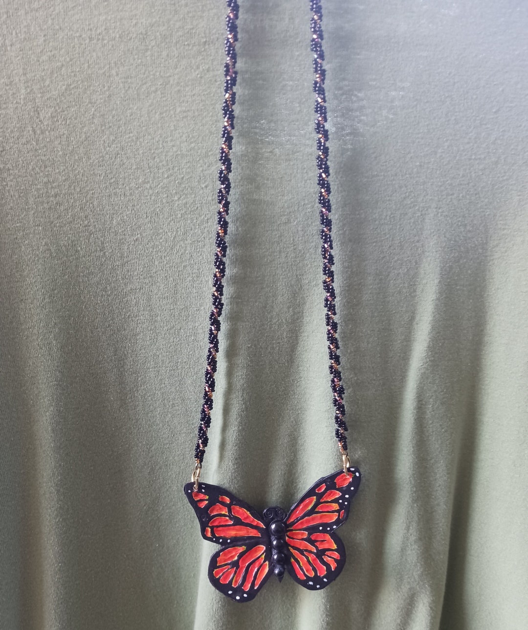 Painted Leather Monarch Butterfly Necklace With Beaded Cord - Etsy