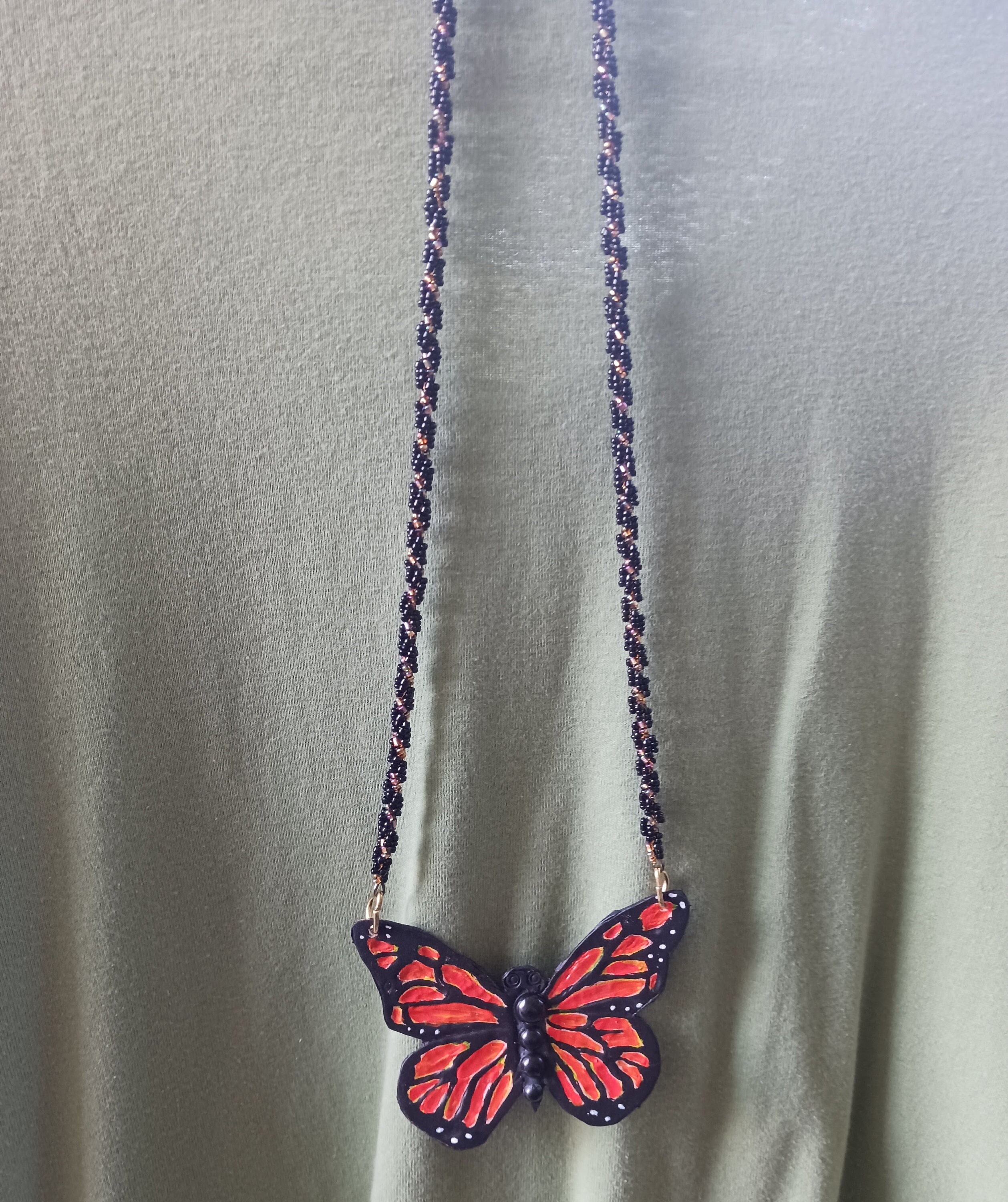 Painted Leather Monarch Butterfly Necklace With Beaded Cord - Etsy