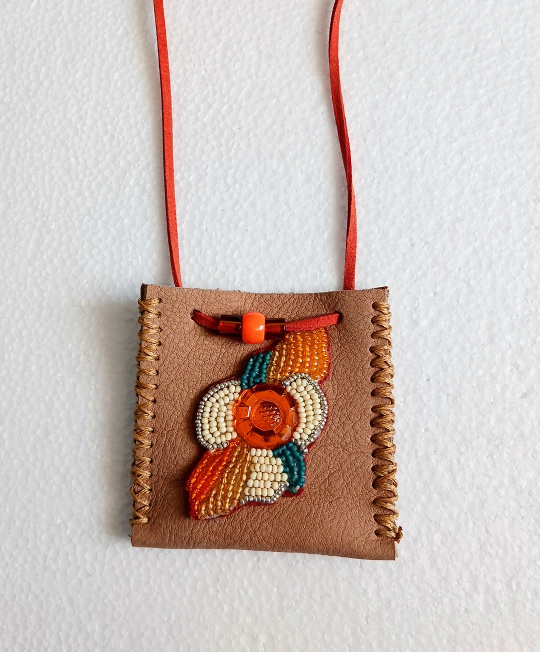 Leather Amulet Pouch Necklace With Stylized Beadwork Flower - Etsy