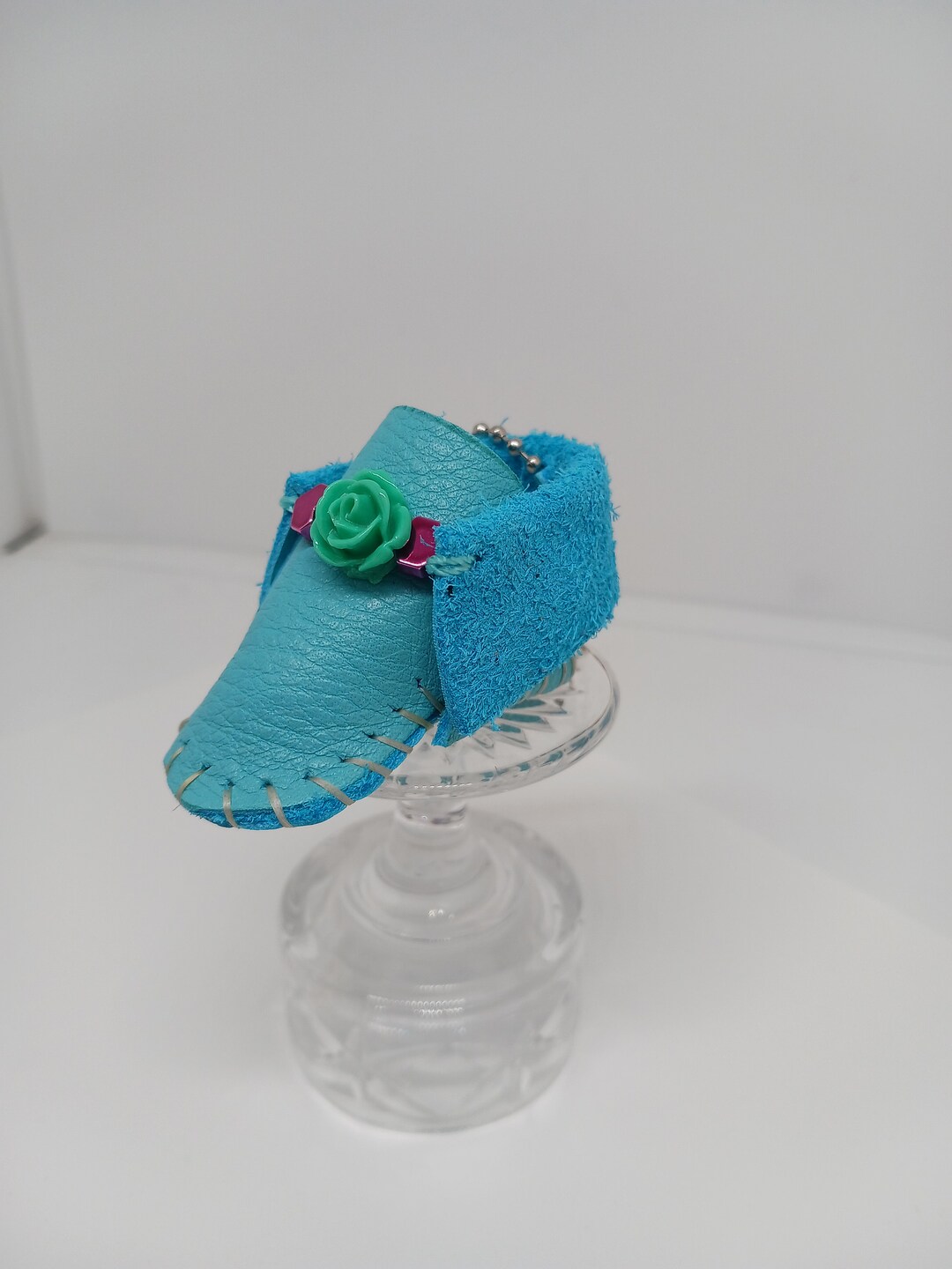 Small Miniature Handmade Blue Leather Moccasin Ornament With Rose and ...