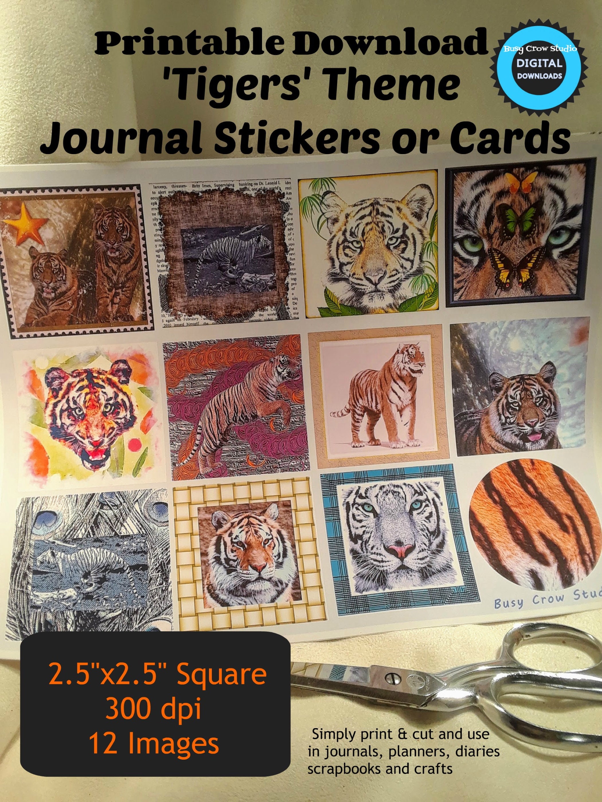 Digital Printable Download Tiger Theme Stickers or Journal Cards Print ...