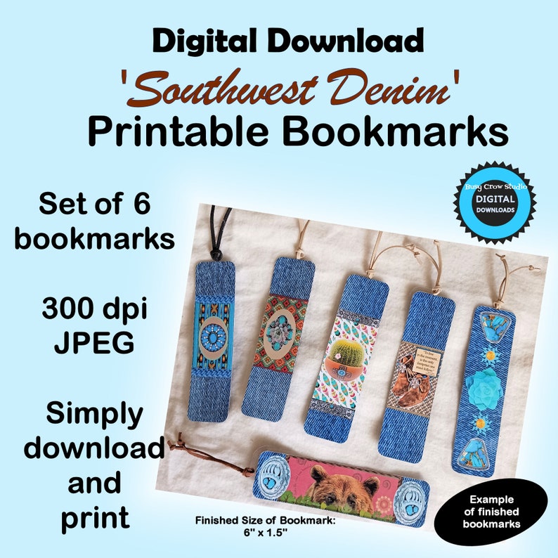 Digital Download Printable Bookmarks Southwest Denim Set of Six - Etsy