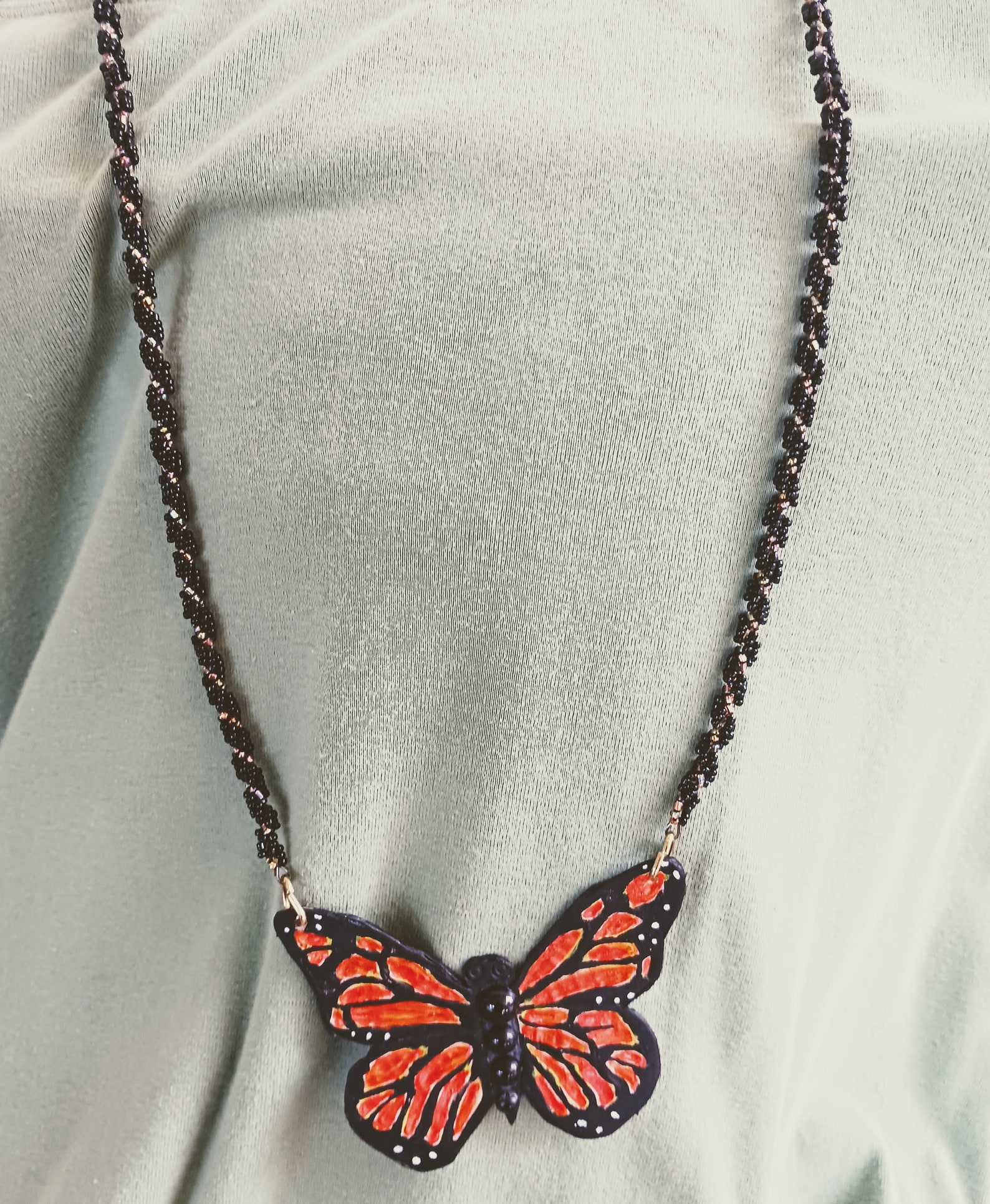 Painted Leather Monarch Butterfly Necklace With Beaded Cord - Etsy