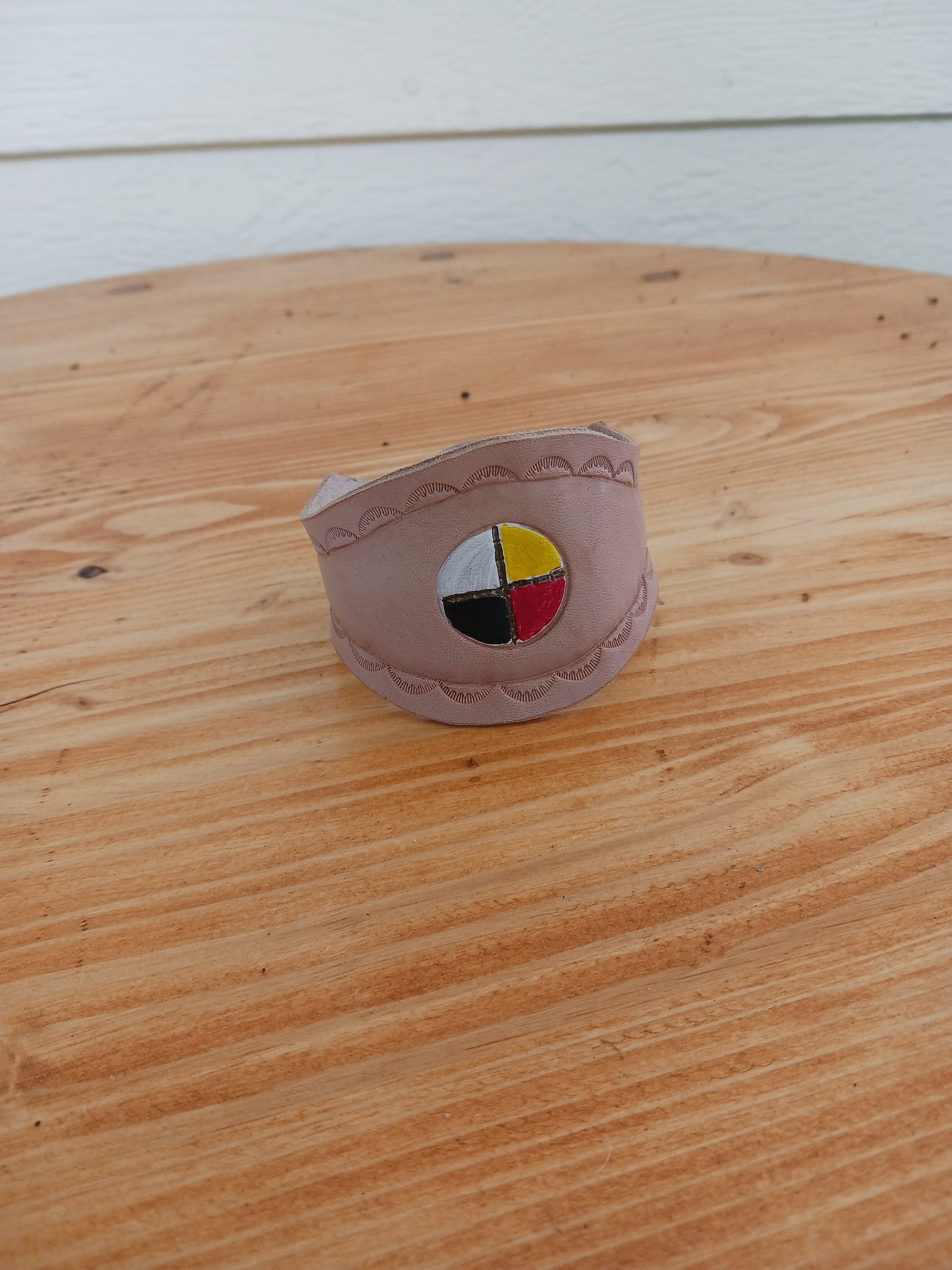 Handmade Leather Cuff Bracelet With Painted Medicine Wheel and Magnetic ...