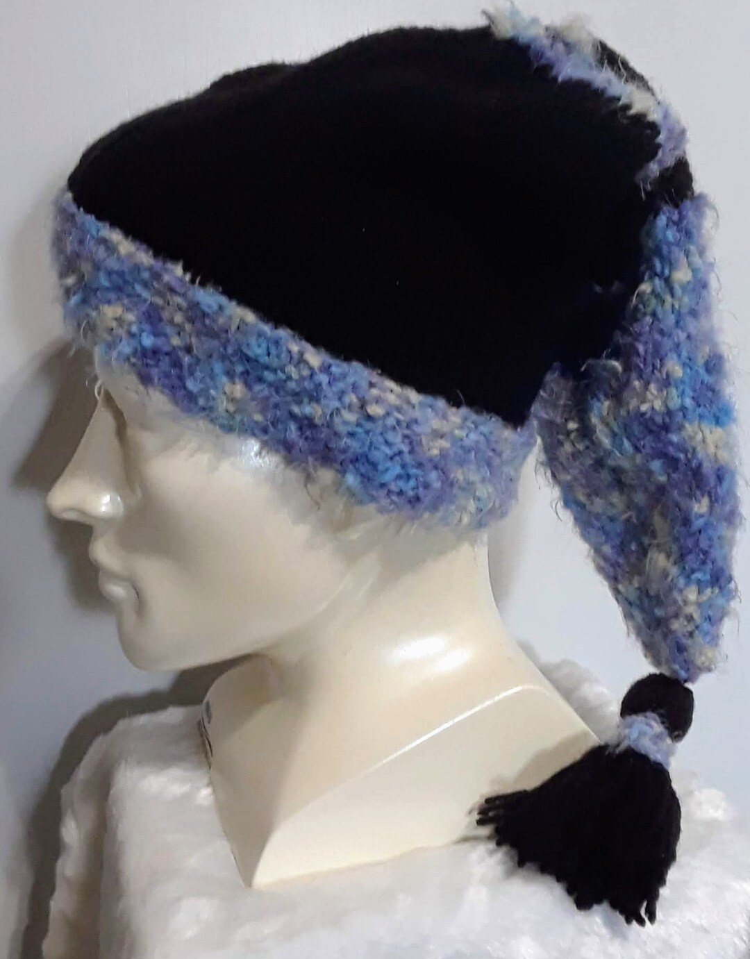 Handknit Toboggan Beanie Stocking Cap With Plush Blue Stripes on Black ...