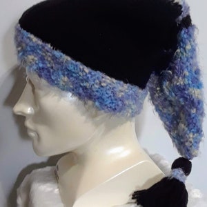Handknit Toboggan Beanie Stocking Cap With Plush Blue Stripes on Black ...