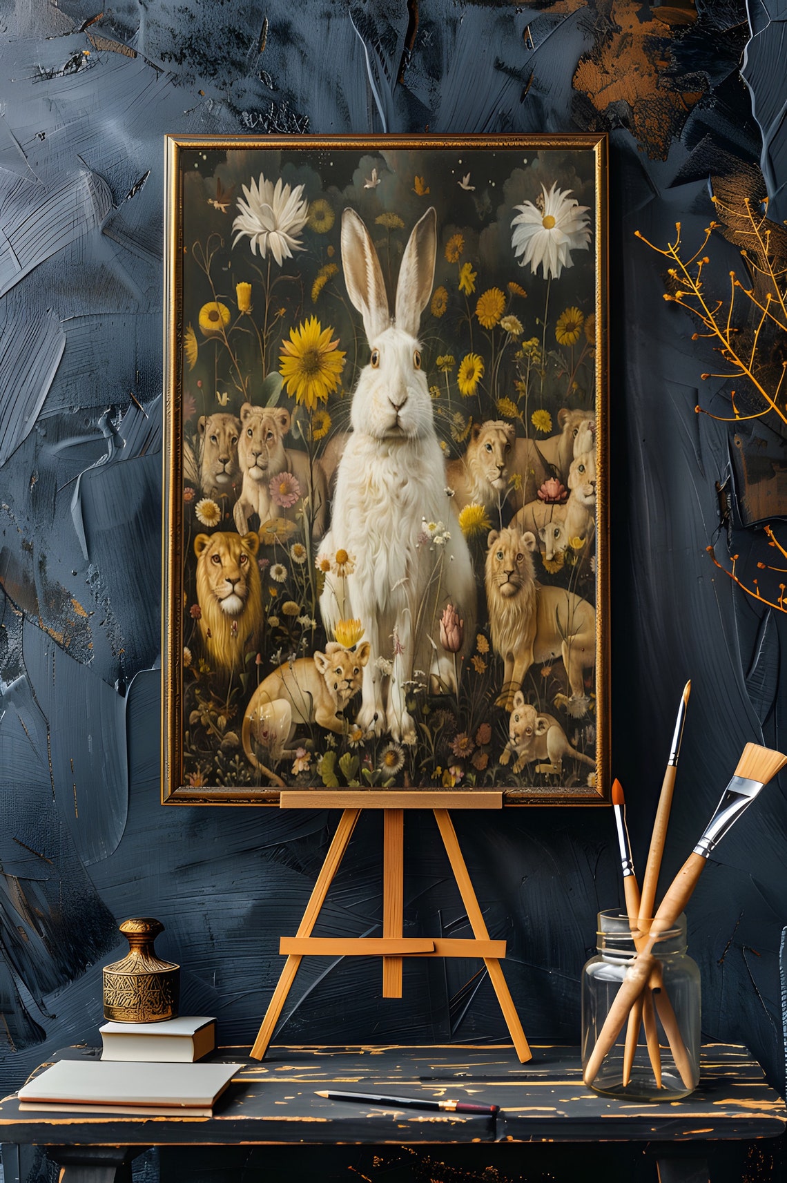 Surrealist Rabbit Painting Framed Wall Art Vintage Original Art Moody ...