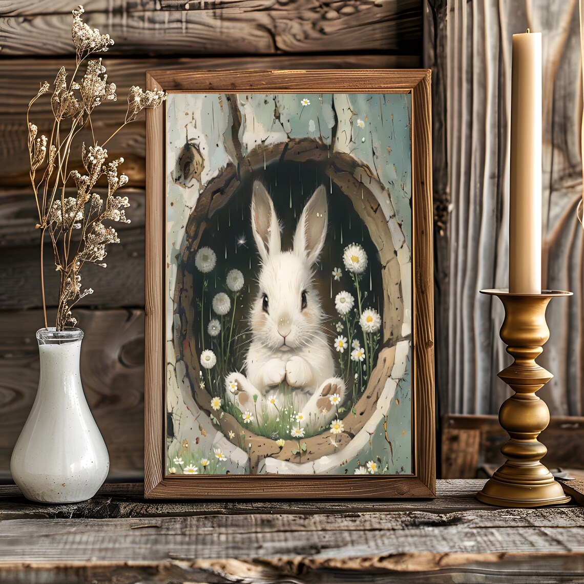 White Rabbit Printable, Framed Wall Art, Oil Painting, Digital Download ...