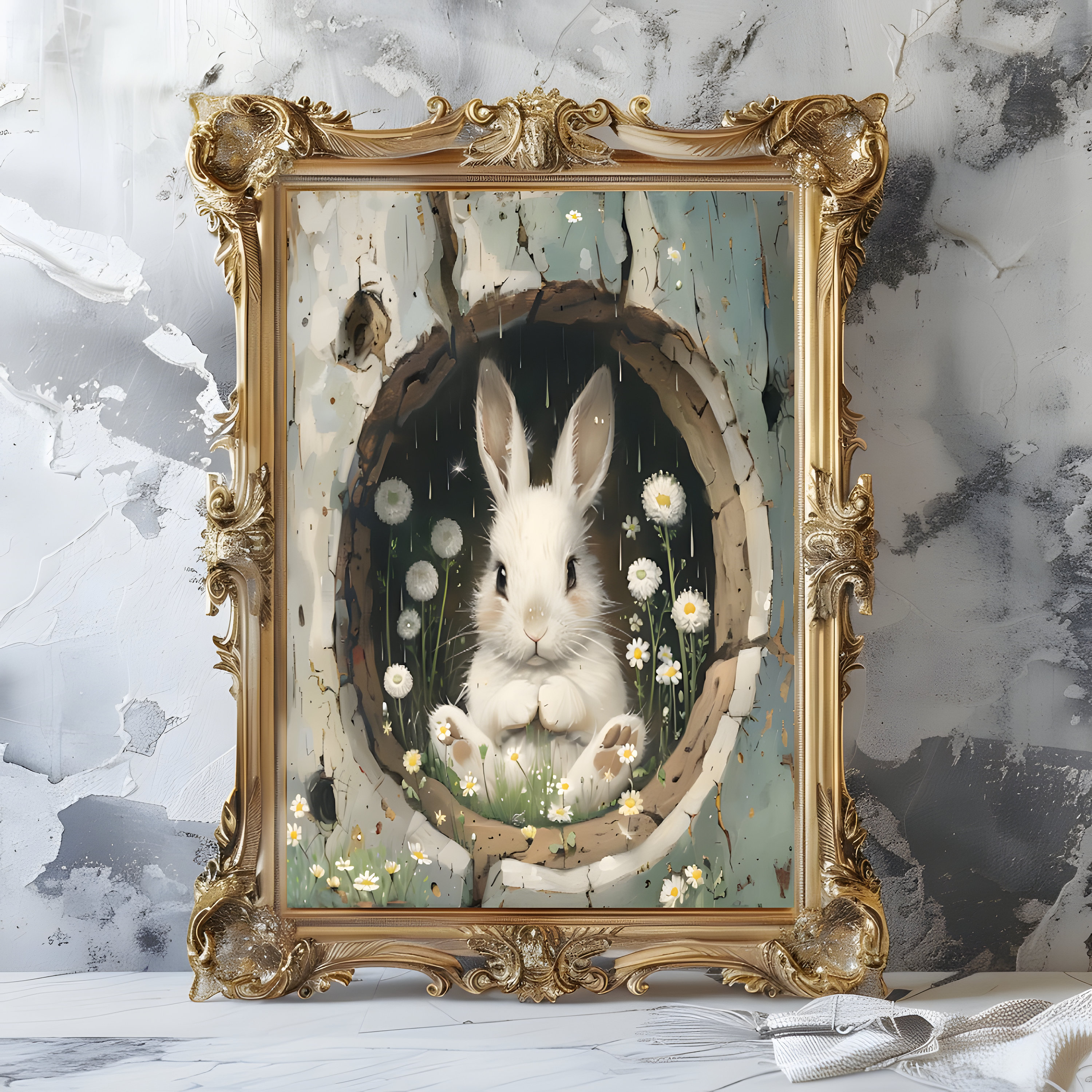 White Rabbit Printable, Framed Wall Art, Oil Painting, Digital Download ...