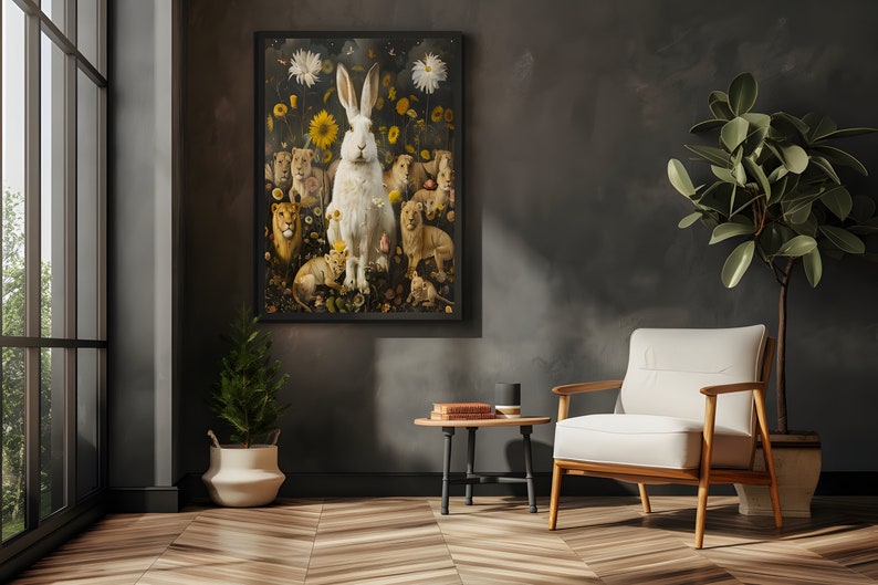 Surrealist Rabbit Painting Framed Wall Art Vintage Original Art Moody ...