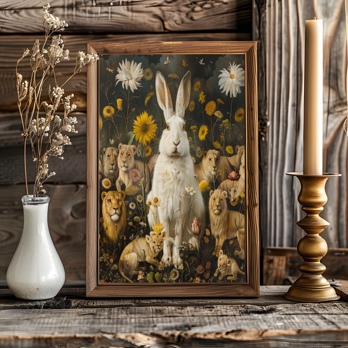 Surrealist Rabbit Painting Framed Wall Art Vintage Original Art Moody ...
