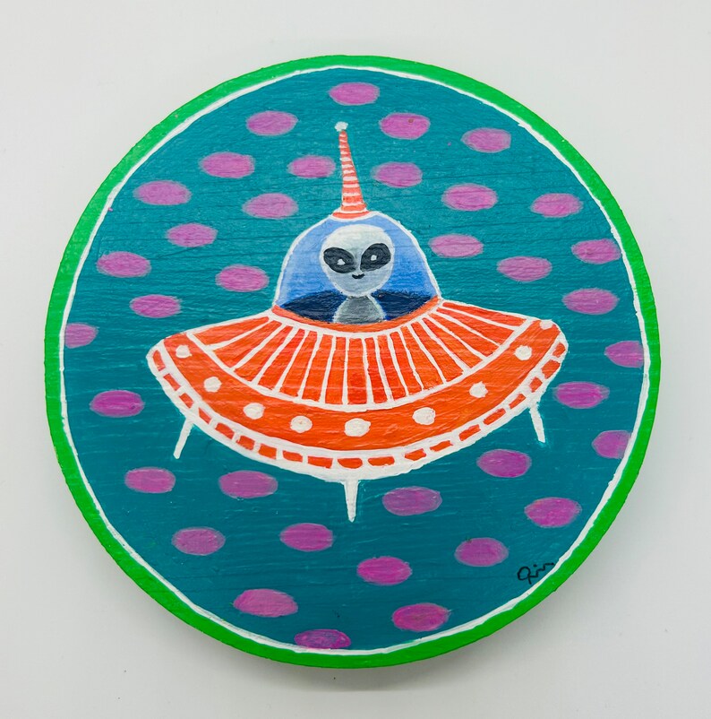 Alien, UFO, Round Wood Wall Deco, Colorful, Fun Art, Small Gift, Tiny ...