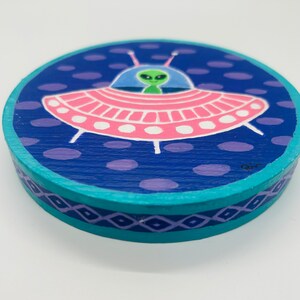 Alien, UFO, Round Wood Wall Deco, Colorful, Fun Art, Small Gift, Tiny ...