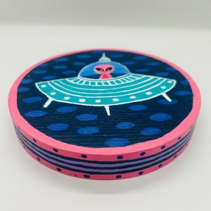 Alien, UFO, Round Wood Wall Deco, Colorful, Fun Art, Small Gift, Tiny ...