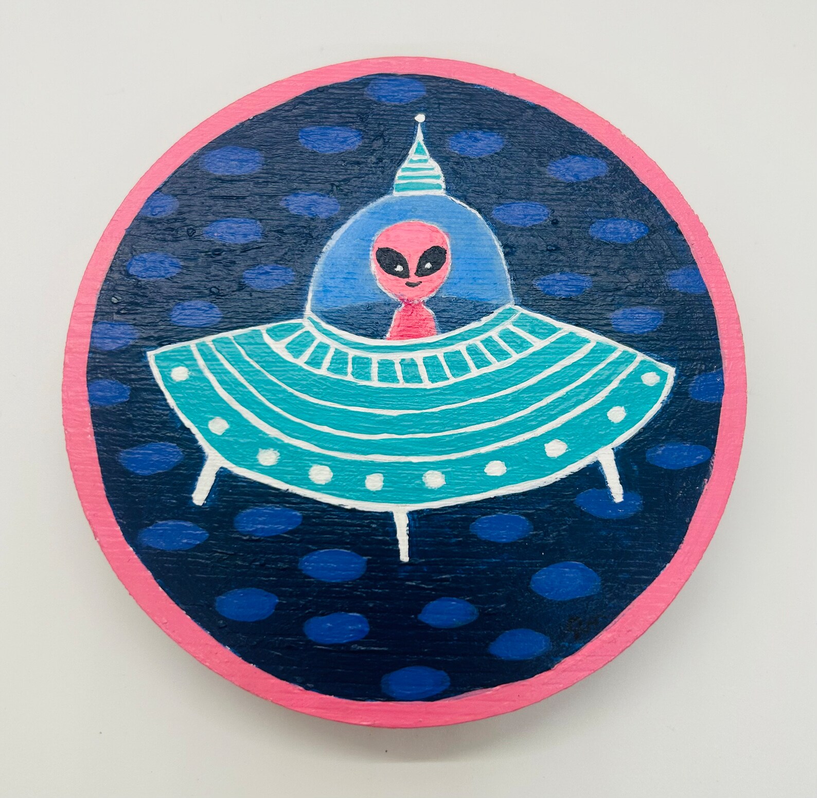 Alien, UFO, Round Wood Wall Deco, Colorful, Fun Art, Small Gift, Tiny ...