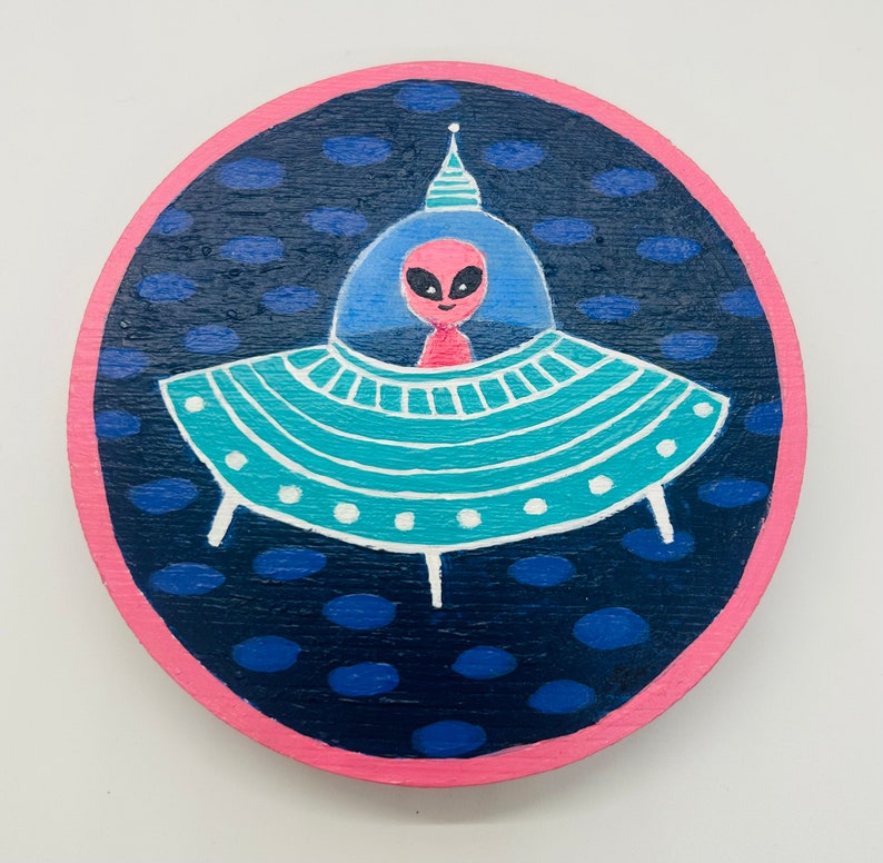 Alien, UFO, Round Wood Wall Deco, Colorful, Fun Art, Small Gift, Tiny ...