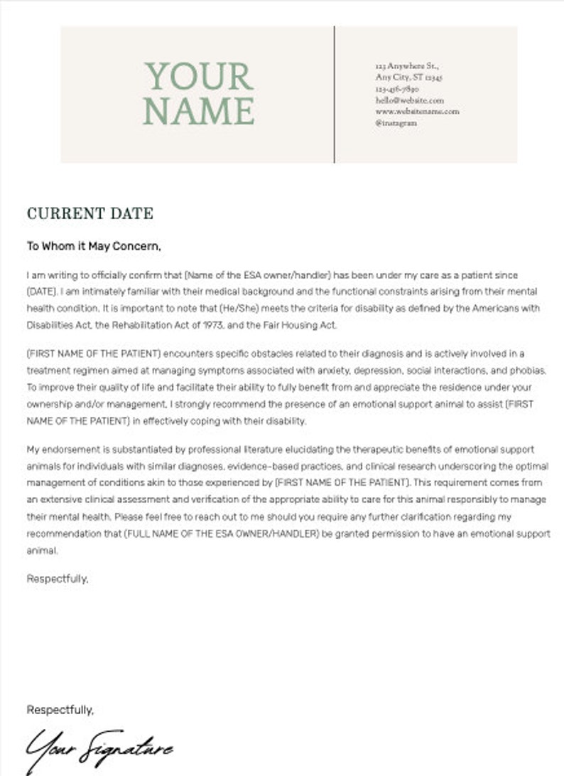 Professional ESA Letter Template for Therapists - Instant Digital ...