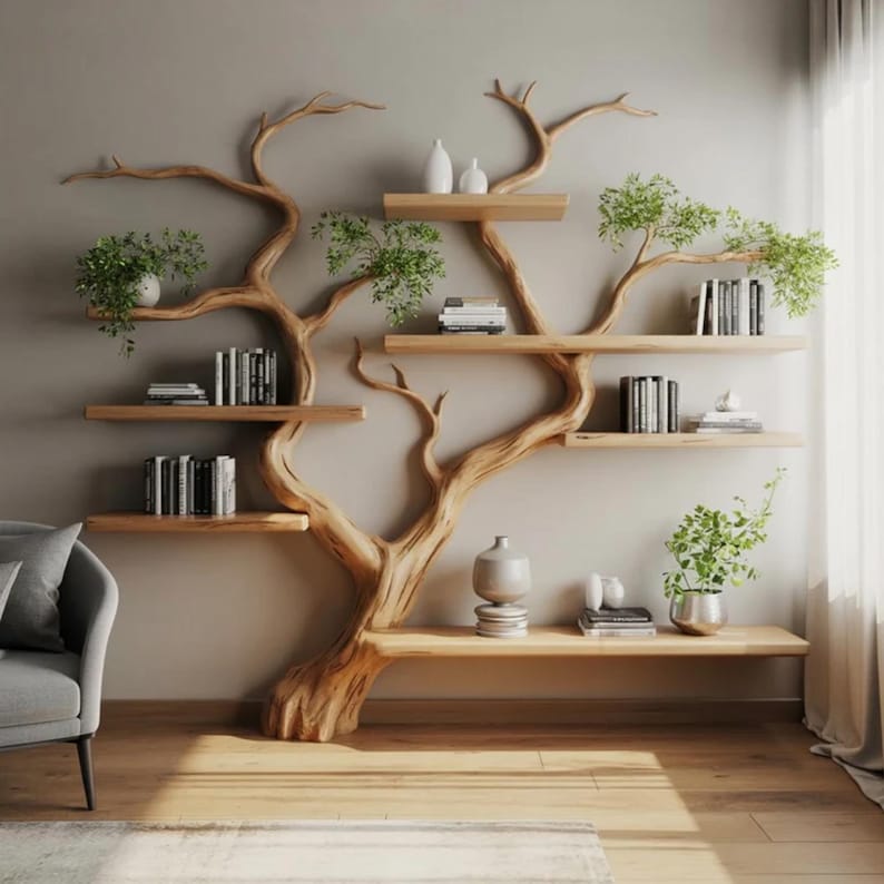 Tree Bookshelf Wooden, Large Tree Wall Shelf, Modern Wood Bookcase ...