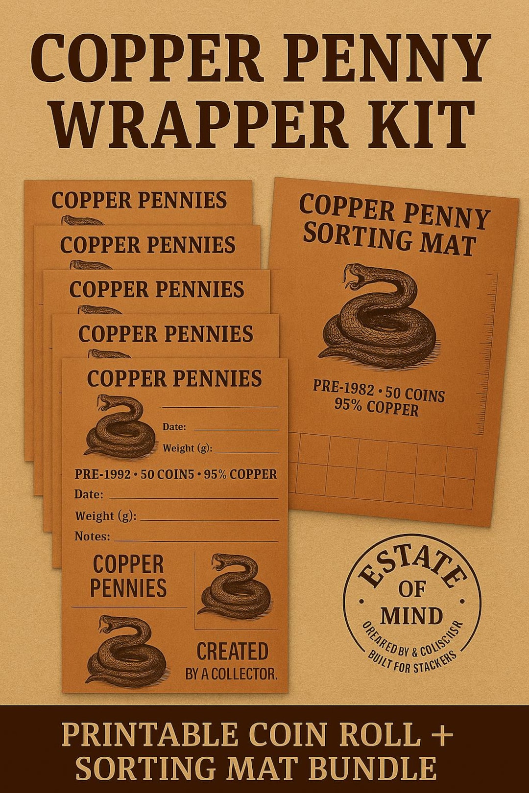 Copper Penny Wrapper Kit – Printable Coin Roll Set | Rattlesnake Design ...