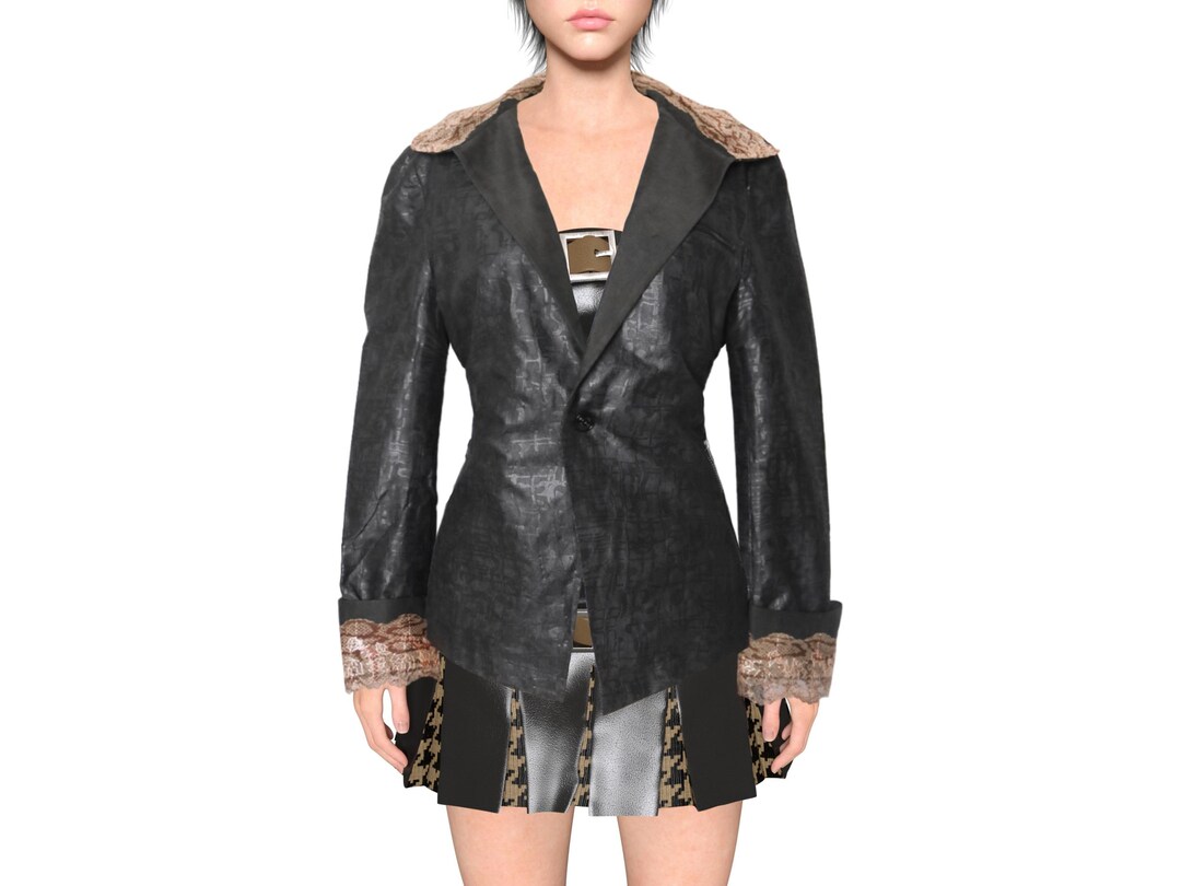 Sleek Text Print Jacket Y2k Corpcore Chic Rose Embroidered Lace Trim ...