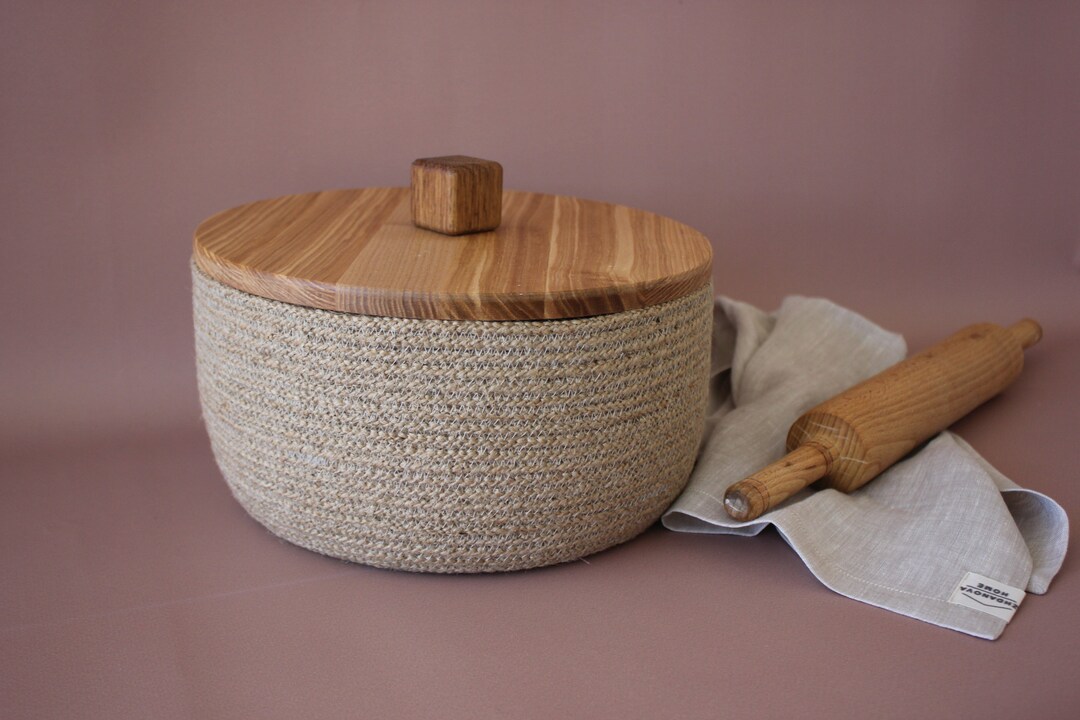 A Farmhouse Bread Box With Wooden Lid * Bread Box Countertop * a Round ...