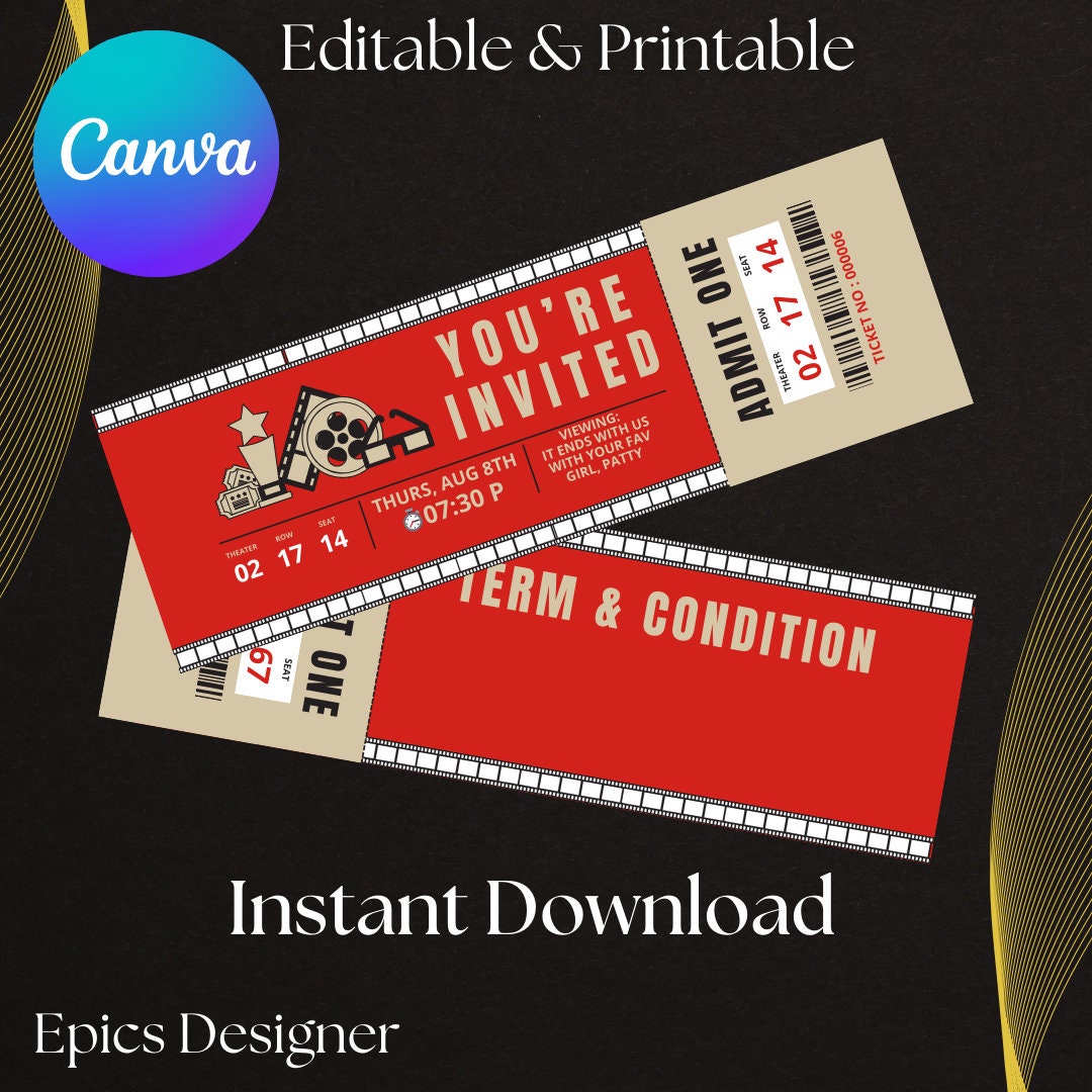 Editable Movie Night Ticket Template | Customizable Date Night Movie ...