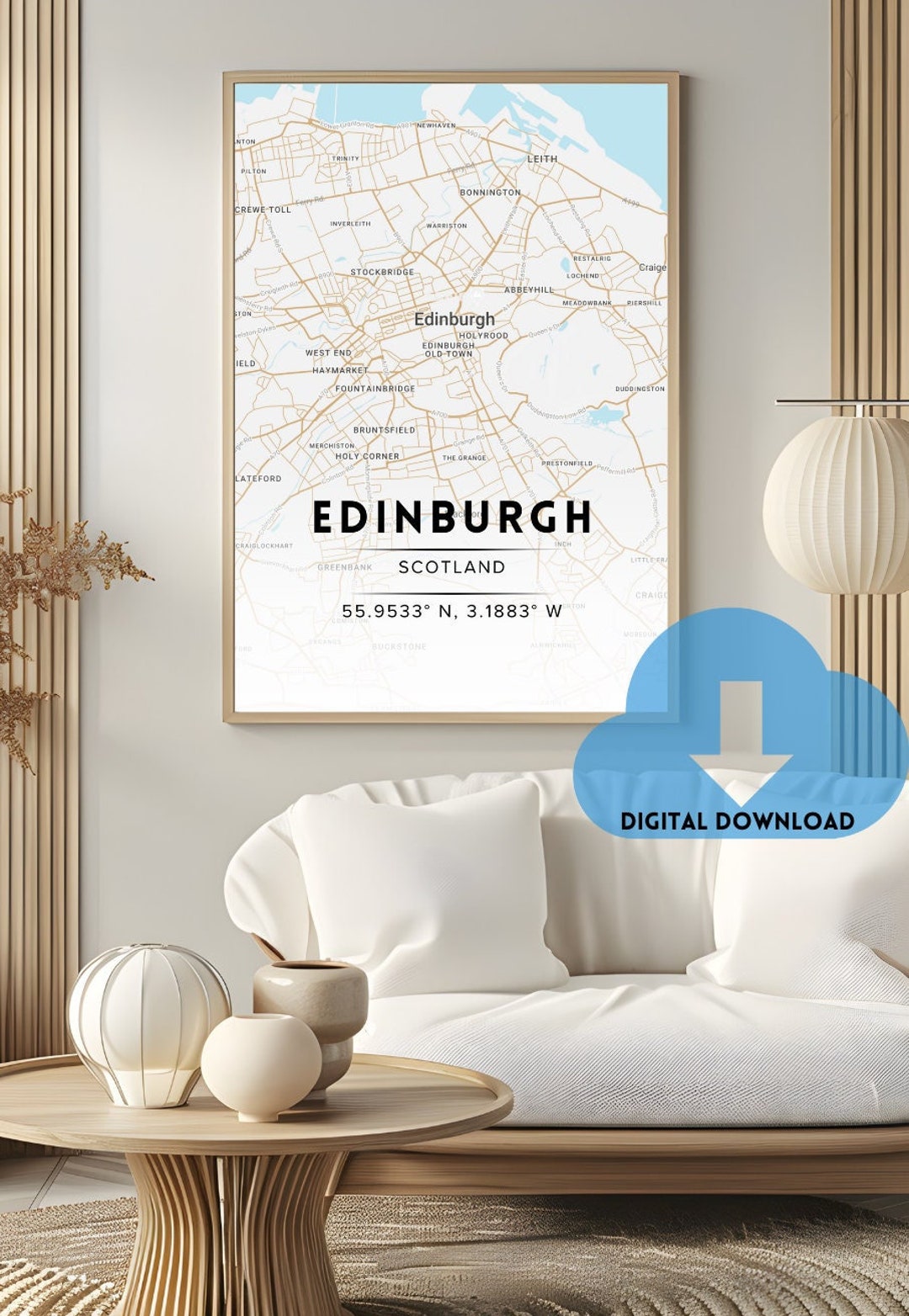 Edinburgh Nude Theme Elegant City Map in Soft Tones Printable Wall Art ...