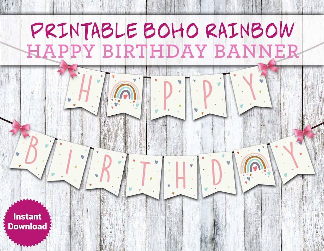 Boho Rainbow Happy Birthday Printable Banner (instant Download) - Etsy