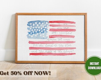 4th of July Printable, National Anthem, Watercolor Flag, Patriotic ...