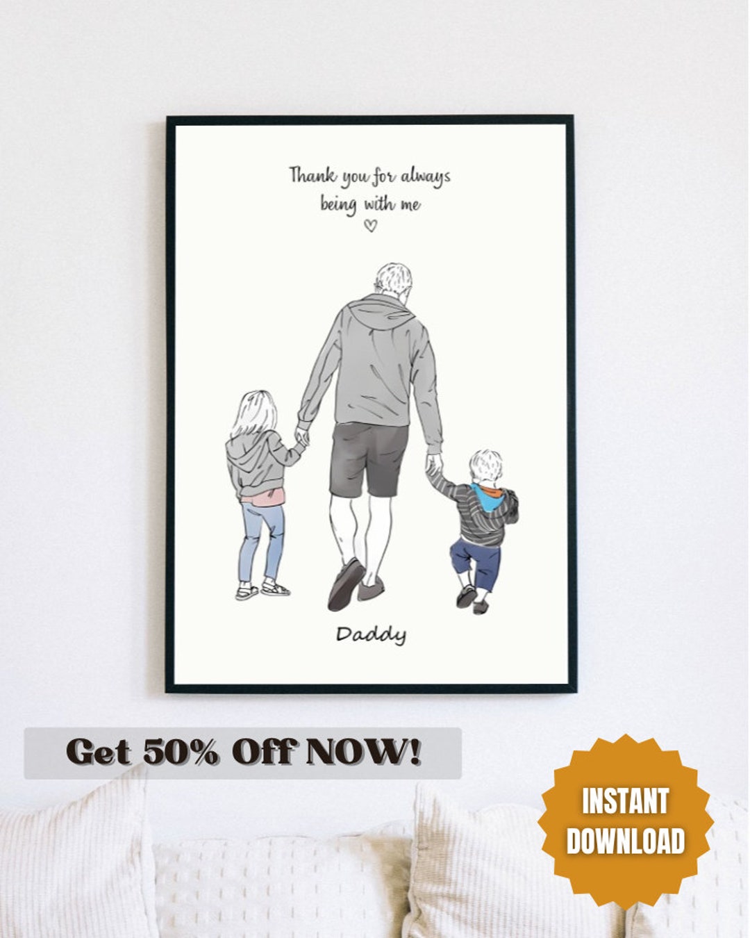 Daddy and Me Line Drawing, Custom Family Art Father's Day Gift ...