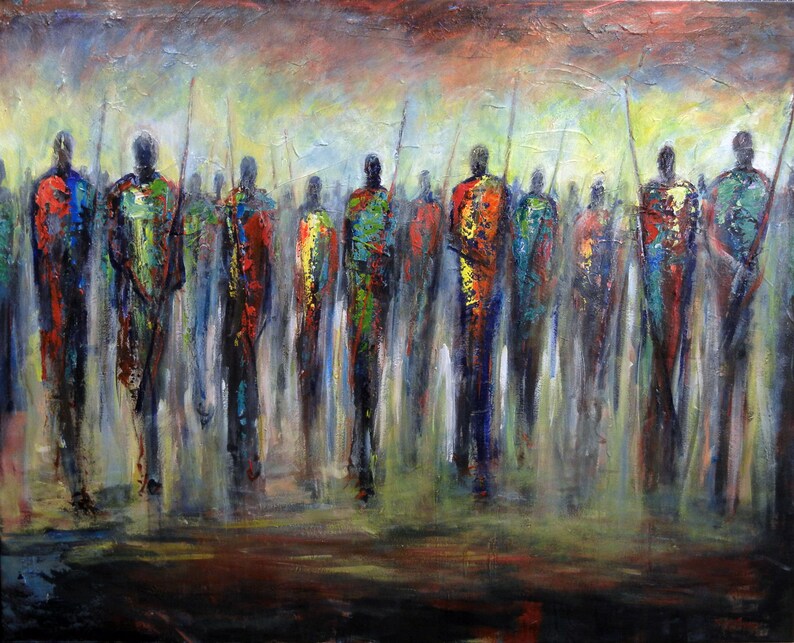 ABSTRACT Art Masses of People Huge ORIGINAL Painting Maasai Warrior ...