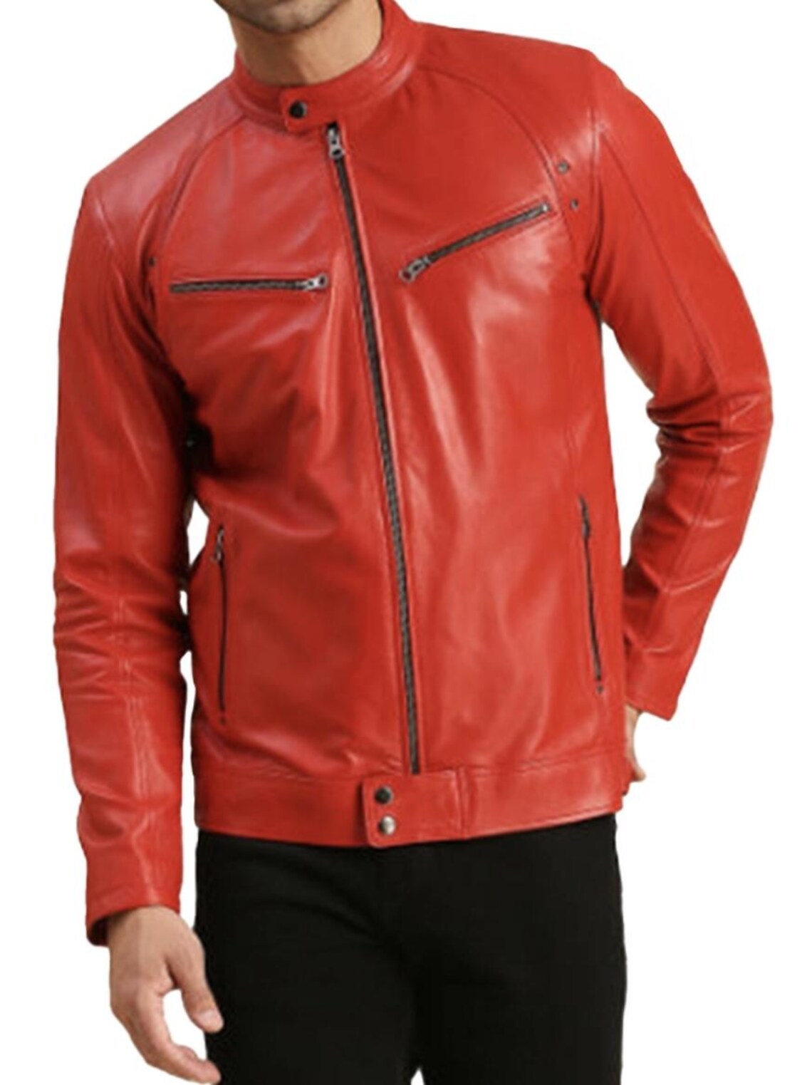 Men's Red Leather Jacket With Zippered Pockets and Snap Button Collar ...