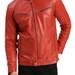 Men's Red Leather Jacket With Zippered Pockets and Snap Button Collar ...