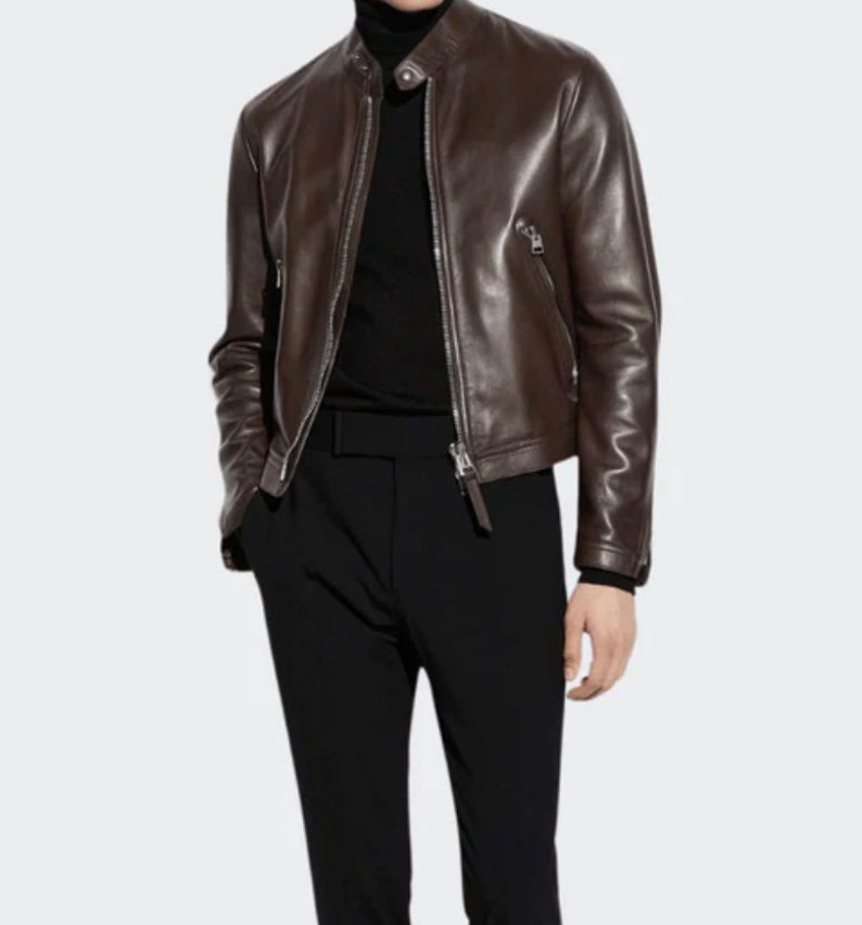 Men’s Brown Leather Cafe Racer Style Jacket - Etsy