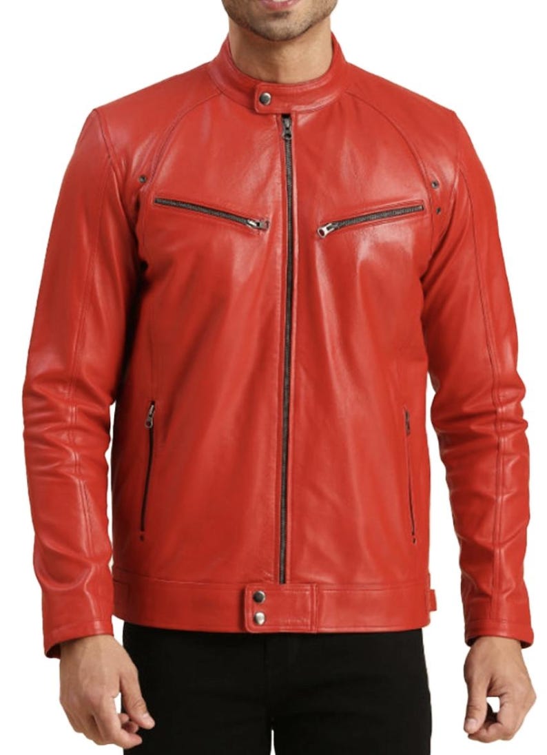 Men's Red Leather Jacket With Zippered Pockets and Snap Button Collar ...