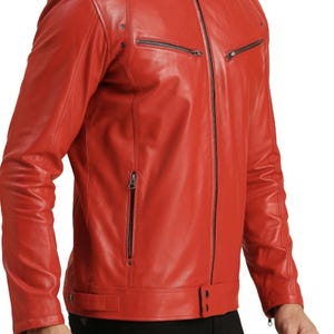 Men's Red Leather Jacket With Zippered Pockets and Snap Button Collar ...