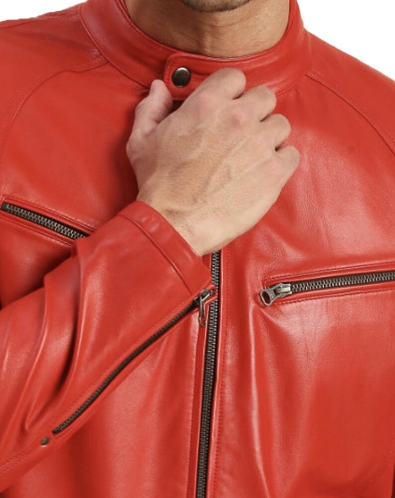 Men's Red Leather Jacket With Zippered Pockets and Snap Button Collar ...