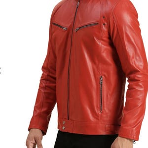 Men's Red Leather Jacket With Zippered Pockets and Snap Button Collar ...