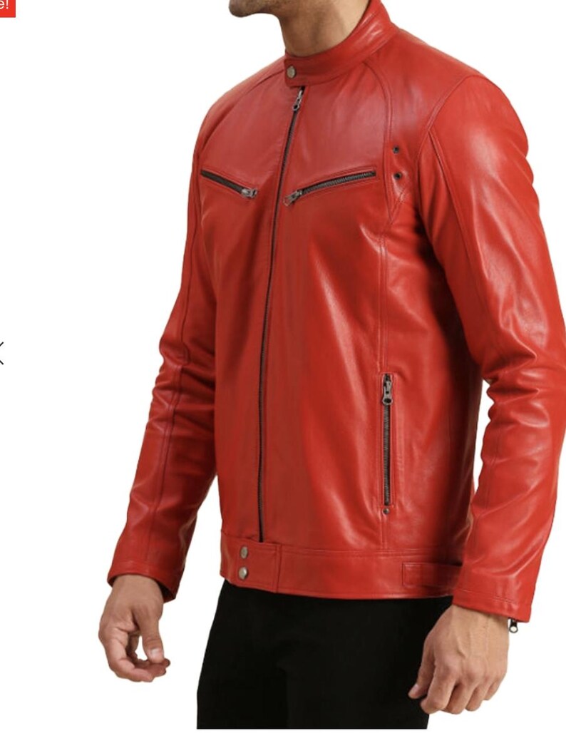 Men's Red Leather Jacket With Zippered Pockets and Snap Button Collar ...