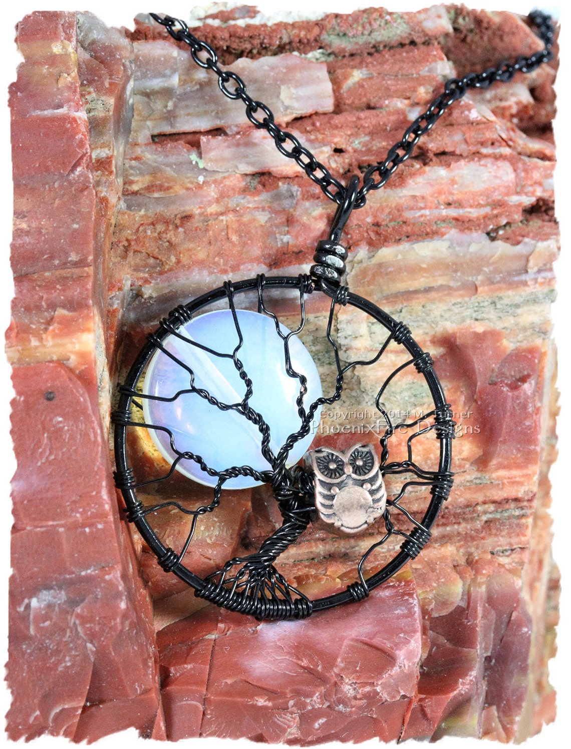 Rainbow Moonstone Owl Tree-of-life Pendant Opalite Full Moon Necklace ...