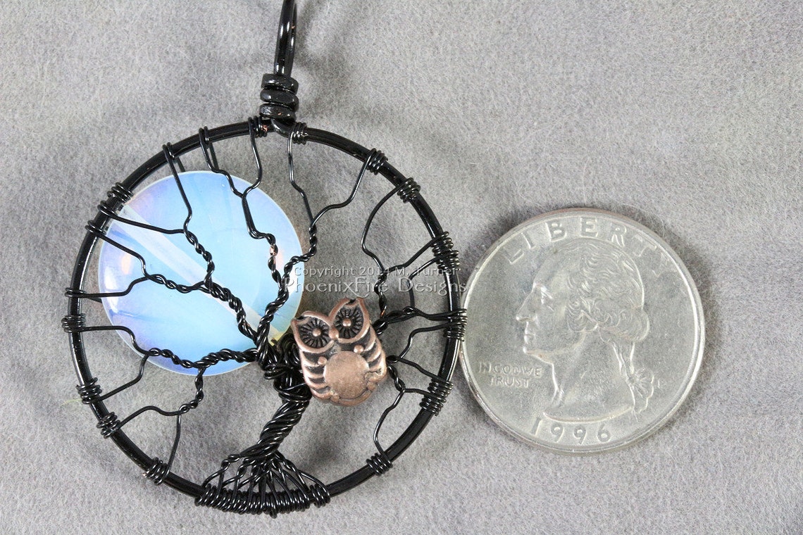 Rainbow Moonstone Owl Tree-of-life Pendant Opalite Full Moon Necklace ...