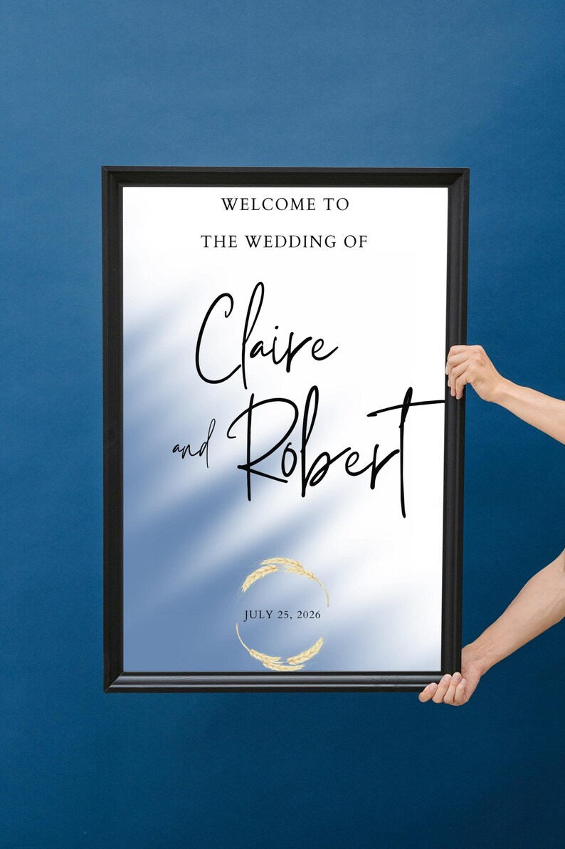 Dusty Blue Wedding Sign Template, Blue Gradient Wedding Signs, Wheat ...