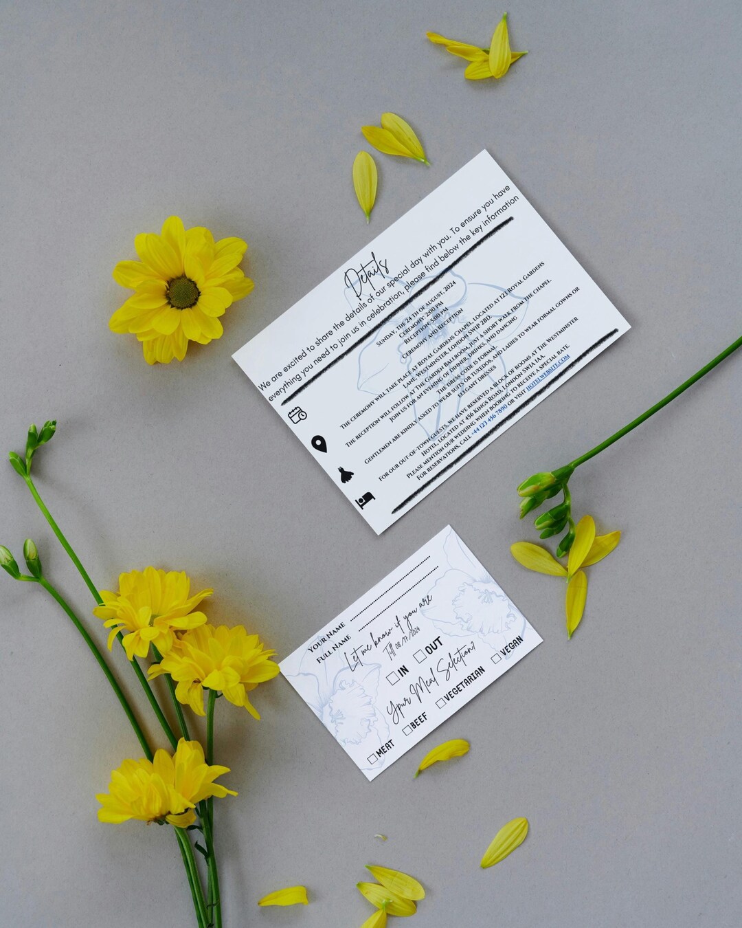 Daffodil Flower RSVP and Details Cards Template, Elegant Floral Wedding ...
