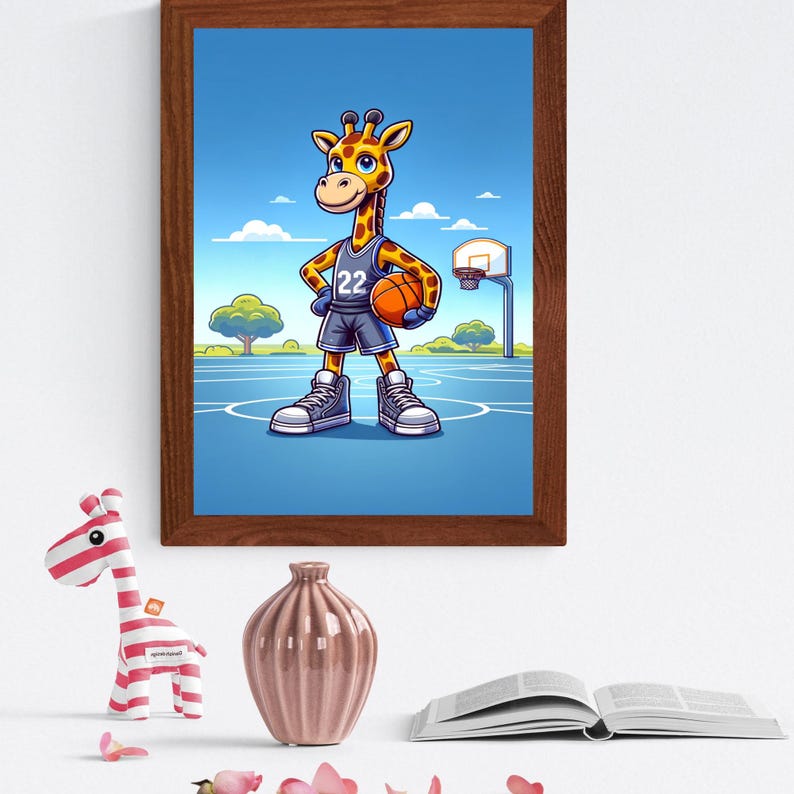 A Giraffe Playing Basketball, Basketball Player Art, Sportive and ...