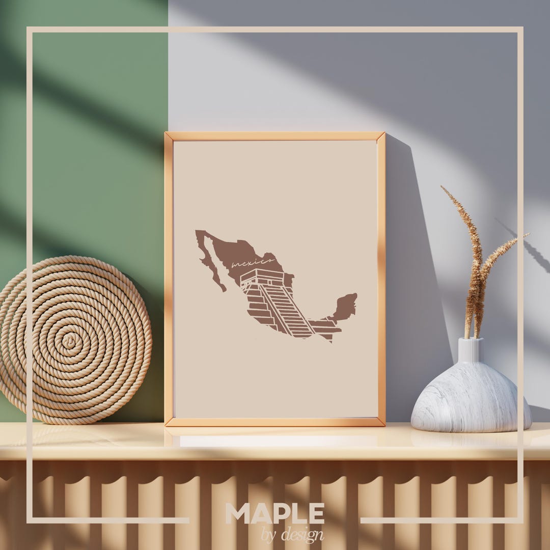 Mexico Map Print | Chichen Itza Pyramid Beige Art (digital Download) - Etsy